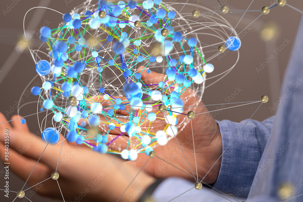 Global network. Blockchain. 3D illustration. Neural networks and ...