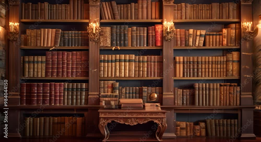 A Dark and Mysterious Library with Ornate Bookcases and Glowing Candle ...