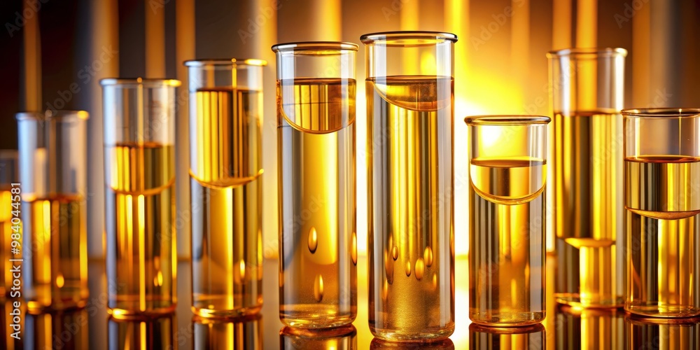 Symmetrical Close-Up of Glass Test Tubes with Translucent Golden Liquid ...