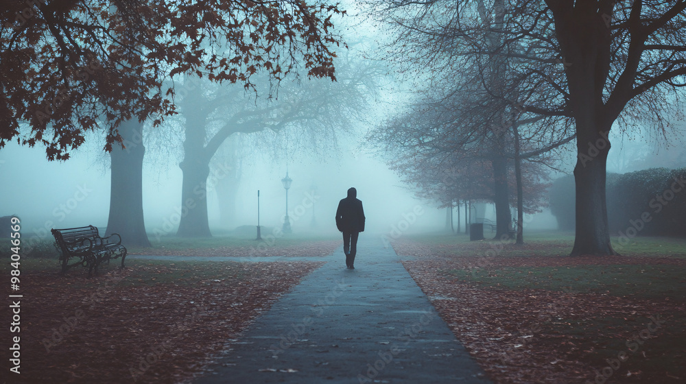 A visual of a person walking alone through a misty park, with a ...