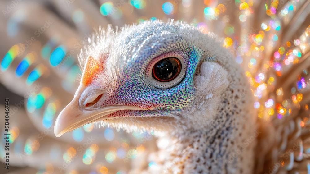 A close up of peacocks head showcases its vibrant feathers and ...
