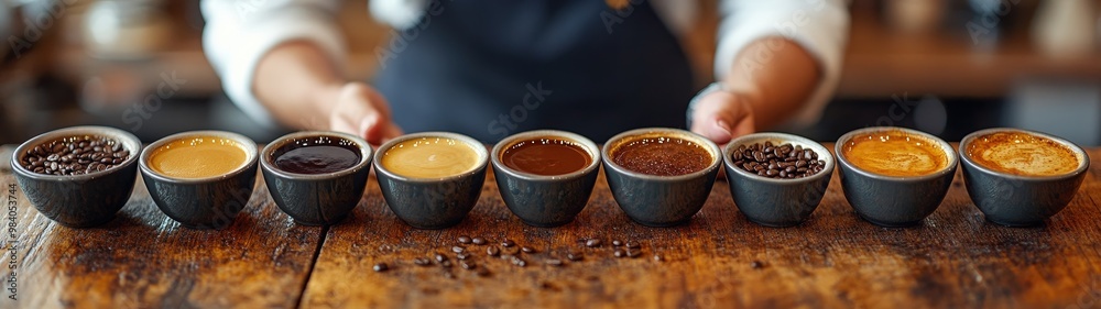 A beautiful display of various coffee types in cups, showcasing ...