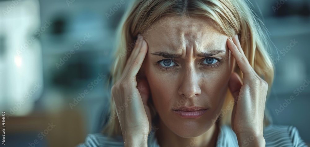 A woman experiencing stress, with a troubled expression and hands on ...