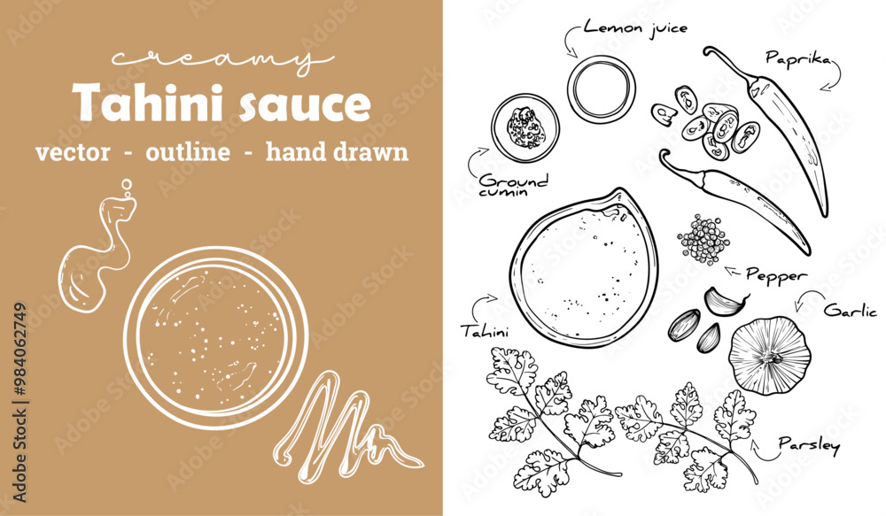Vector hand drawn outline only tahini sauce. Glass recipient with yummy ...