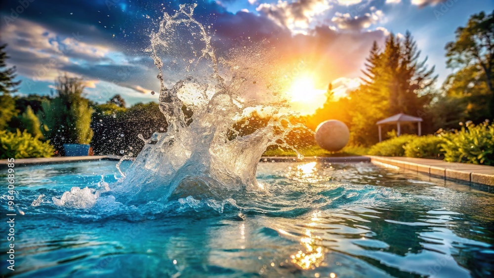 Splashy pool scene showcasing a dramatic cannonball-style water entry ...