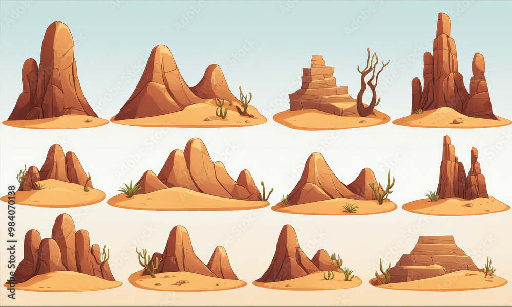 Cartoon desert landscape set with various rock formations and a hot air ...