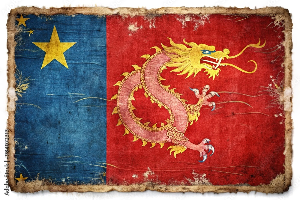 Vintage red and blue dragon emblem on a worn, frayed, and faded ...