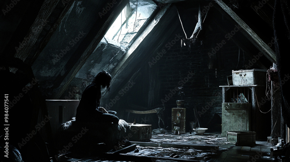 A visual of a person in a dimly lit attic, surrounded by old, forgotten ...