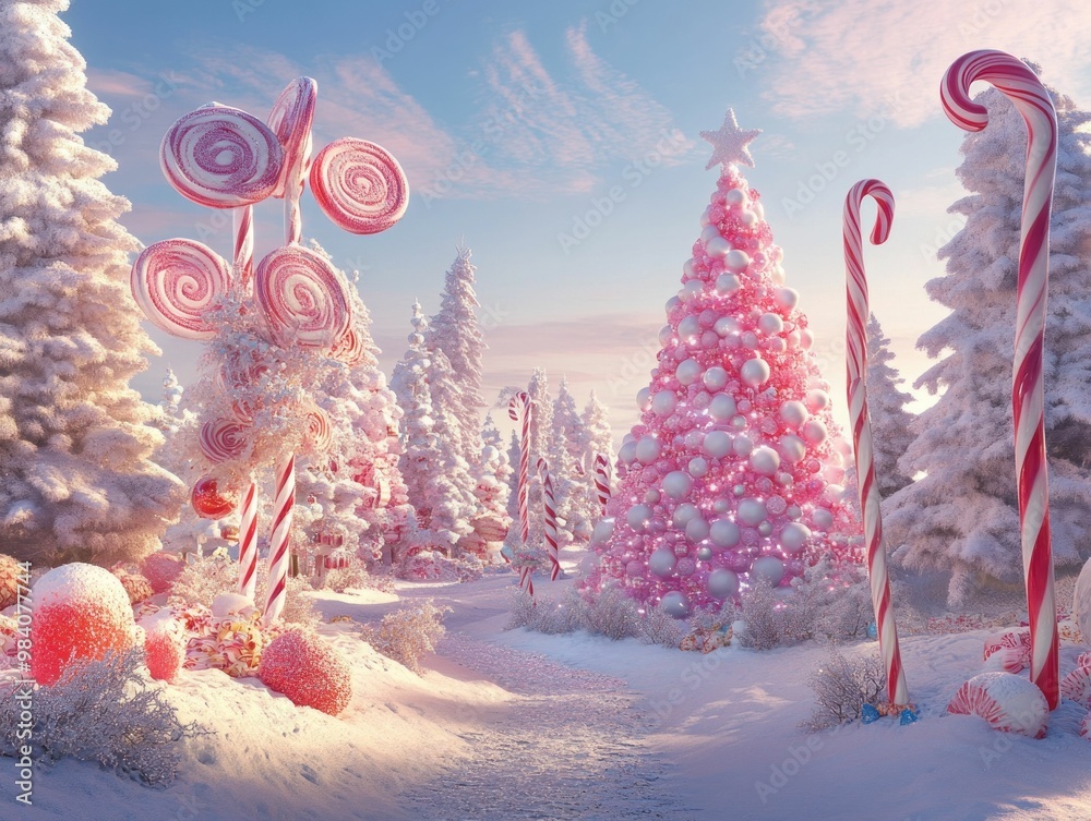 Christmas candy land with pink trees, lollipops and snow, featuring a ...