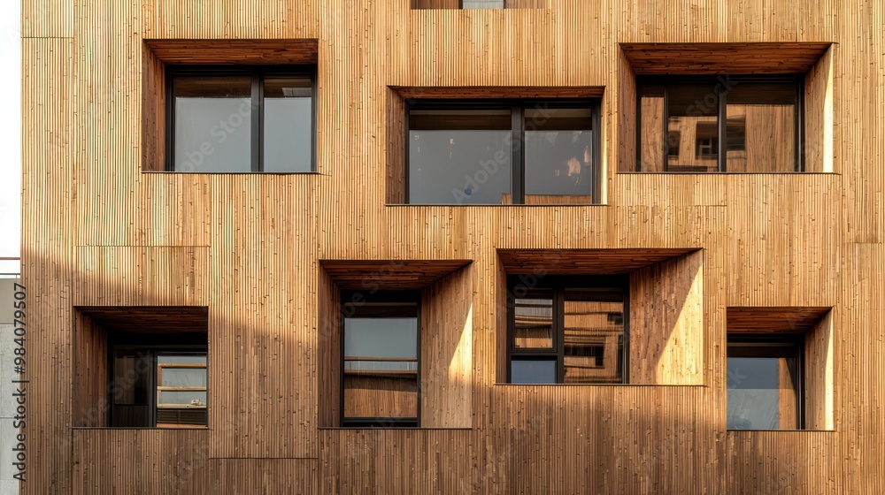 An innovative wooden fa? section ade with cut-out sections for windows ...