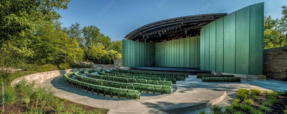 An outdoor amphitheater in a botanical garden, using green-toned fiber ...