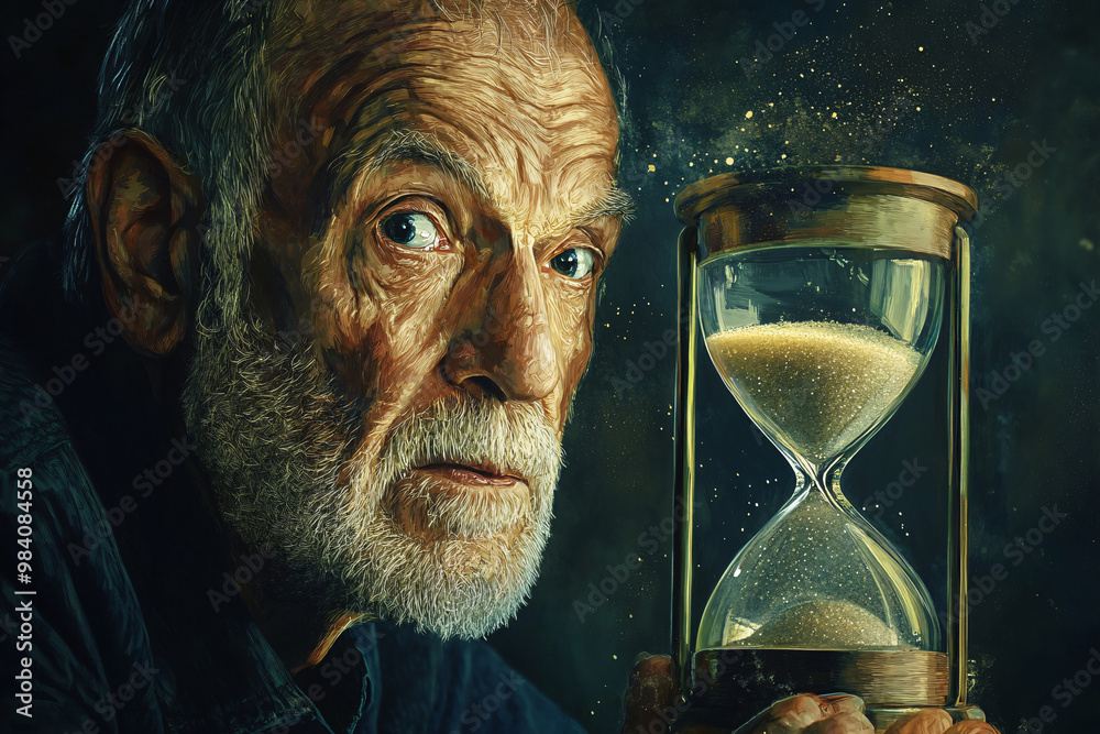 Elderly man holding an hourglass looking intensely forward while time ...