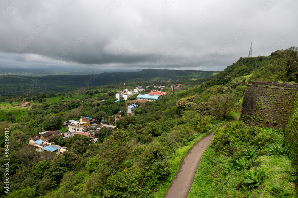 Kolhapur , India - 8 September 2024 Top angle view developed village modern village from Panhala ...