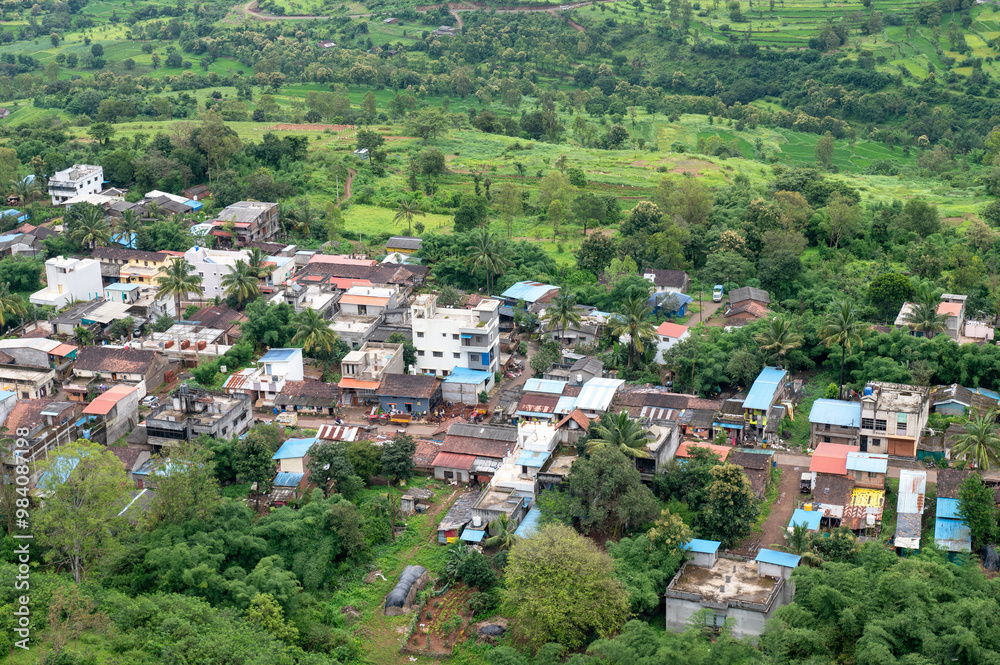 Kolhapur , India - 8 September 2024 Top angle view developed village ...