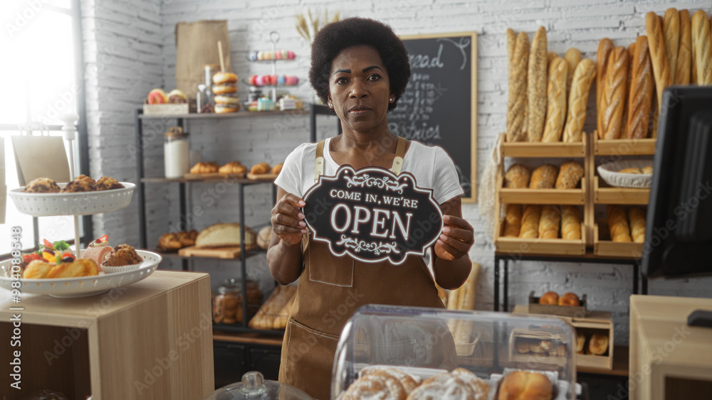 African american woman with curly hair holding an open sign in an ...