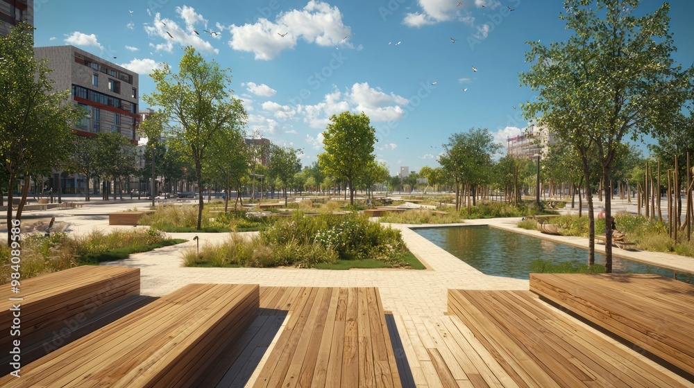 An urban renewal project featuring wooden walkways and small parks ...