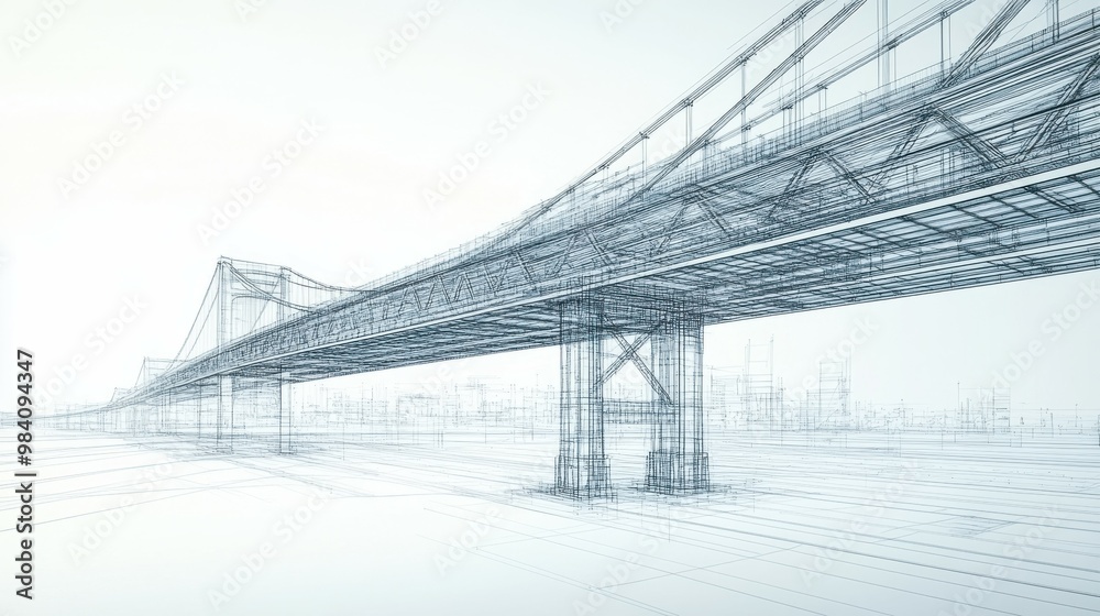 A highly detailed CAD drawing of a bridge structure, captured in a ...