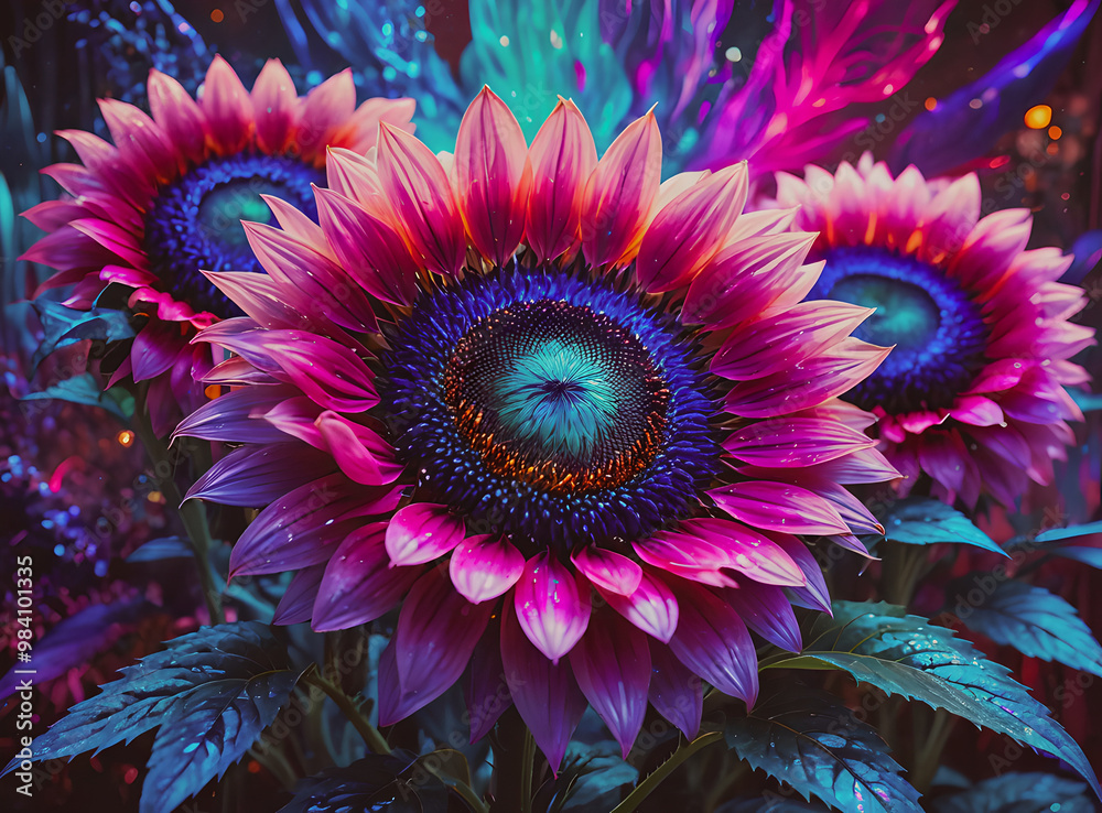 Sunflowers with transparent petals glowing in different shades of blue ...