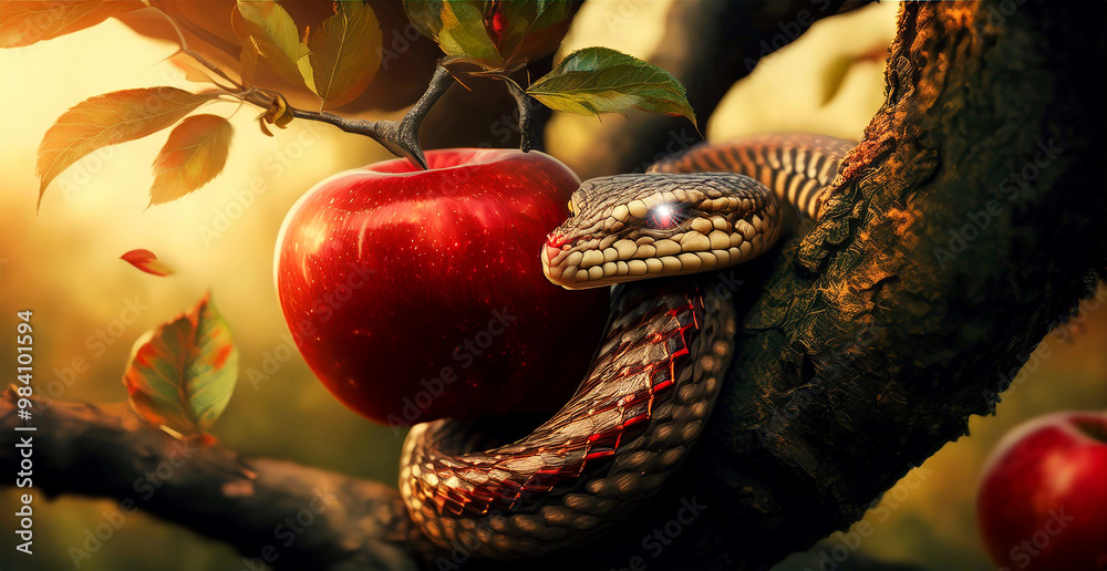 The Original Sin and the Forbidden Fruit Concept, close-up of a poisonous snake coiled around a ...