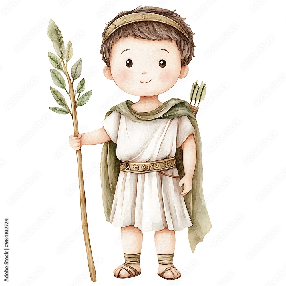 Watercolor illustration of a young boy dressed as a Greek god with a ...