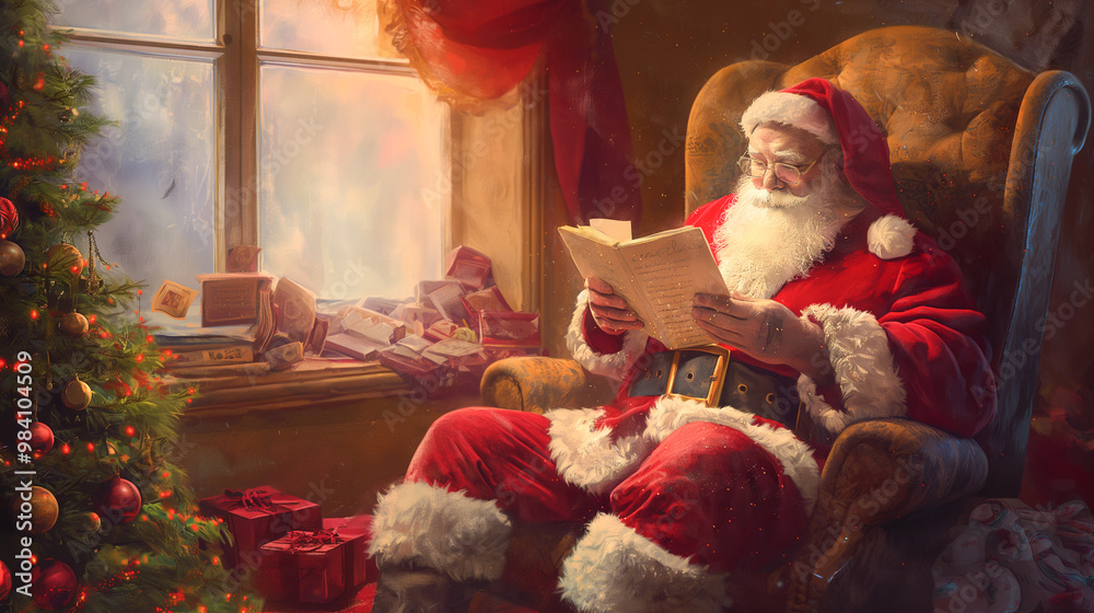 Santa Claus enjoys a quiet evening reading by the fireplace in a cozy ...