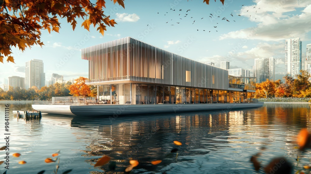 A floating community center on a city lake, clad in watertight fiber ...