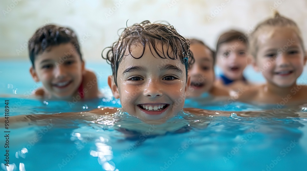 Group of happy kids learning swimming in indoor summer pool. Happy ...
