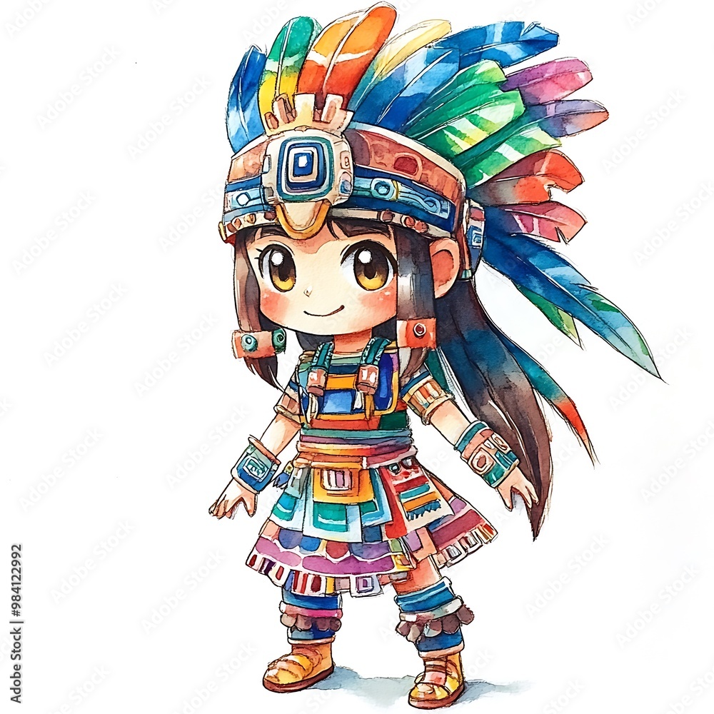Cute Cartoon Illustration of a Young Girl in Traditional Mayan Clothing ...
