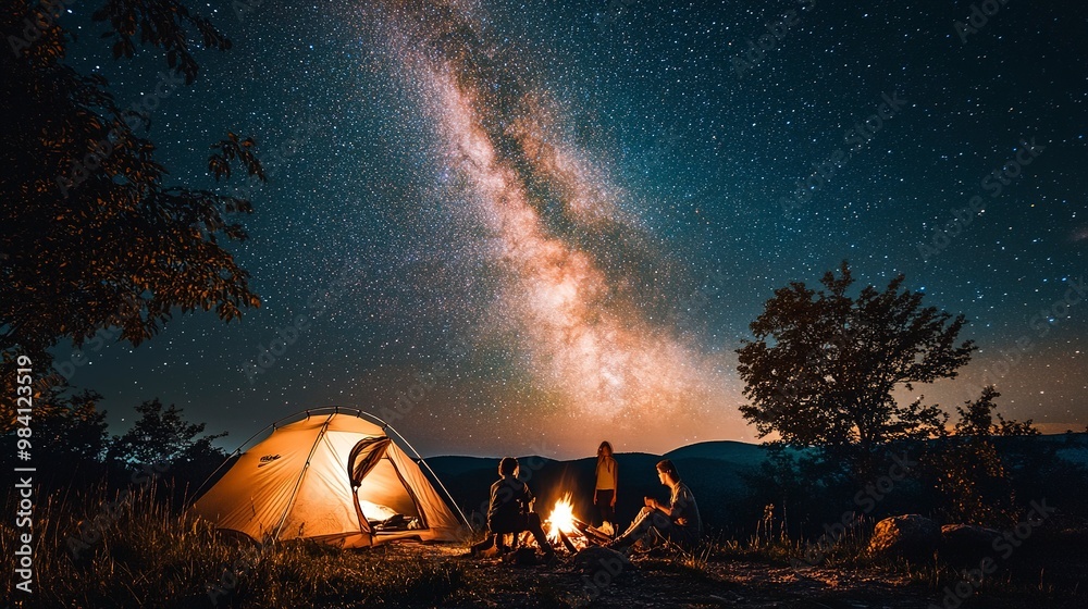 Family camping under starry night sky Milky way watching Camp bonfire ...