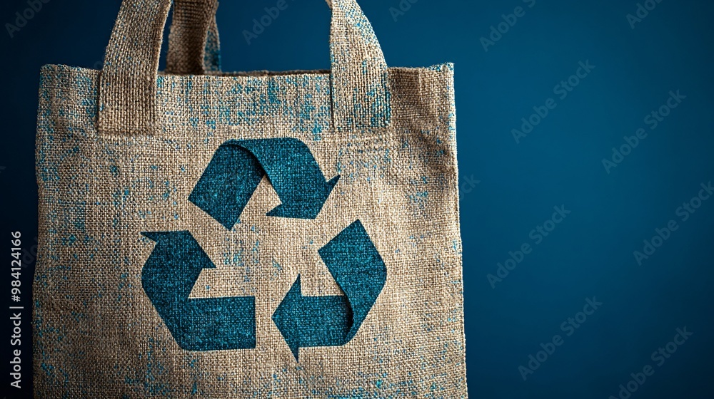 A reusable fabric shopping bag with a visible recycle icon printed on ...