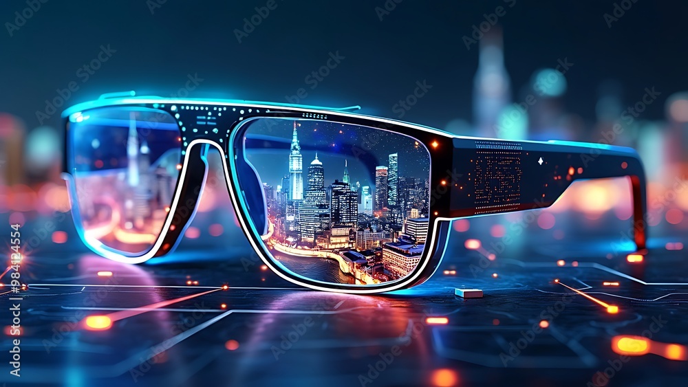 Augmented reality (AR) glasses displaying a vibrant cityscape overlay ...