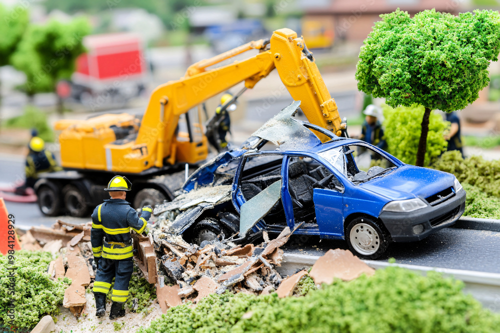 A diorama showing an emergency scene with firefighters responding to a ...