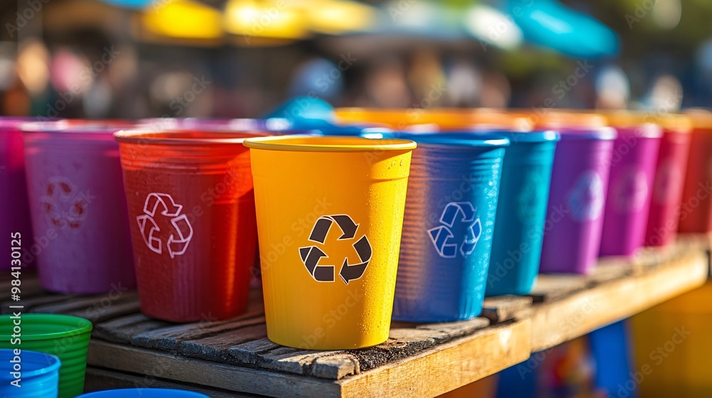 A stack of plastic cups with recycle symbols printed on the sides. The ...