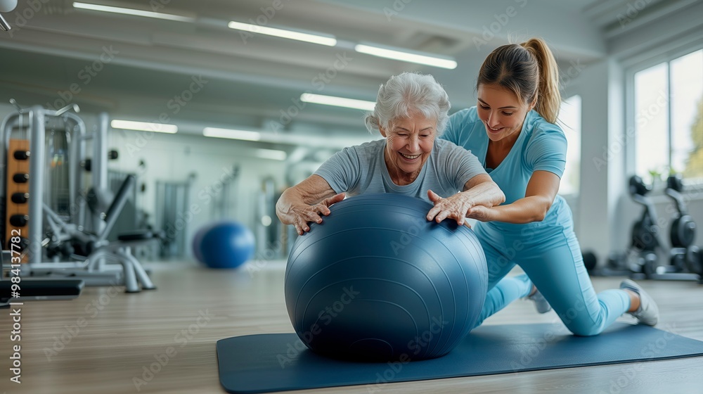 Senior woman exercises with support in modern gym during daylight hours ...
