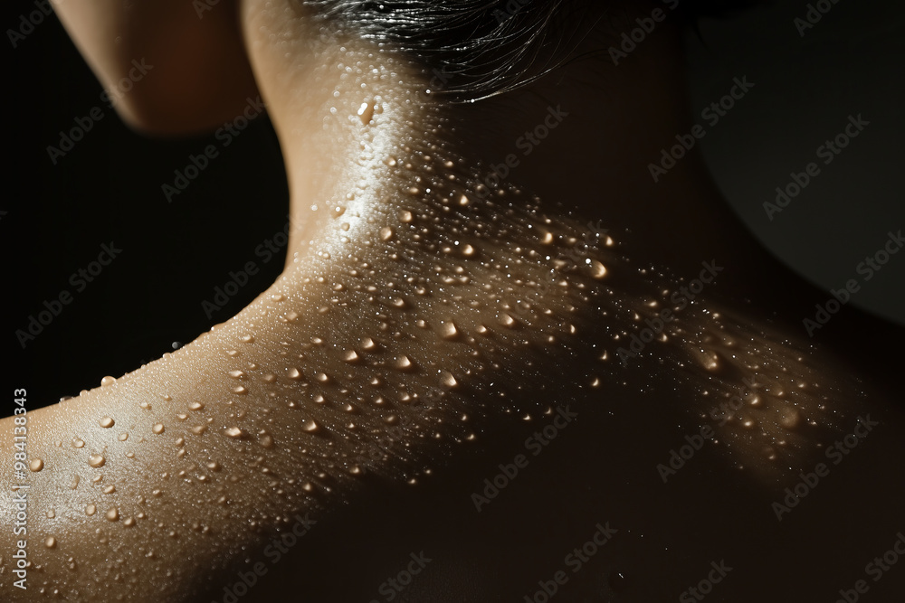 Low key female body parts neck and shoulders close up detail wet skin ...