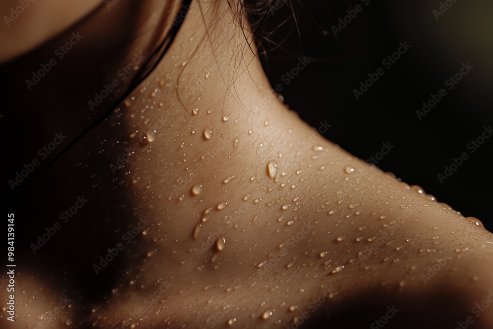 Low key female body parts neck and shoulders close up detail wet skin ...