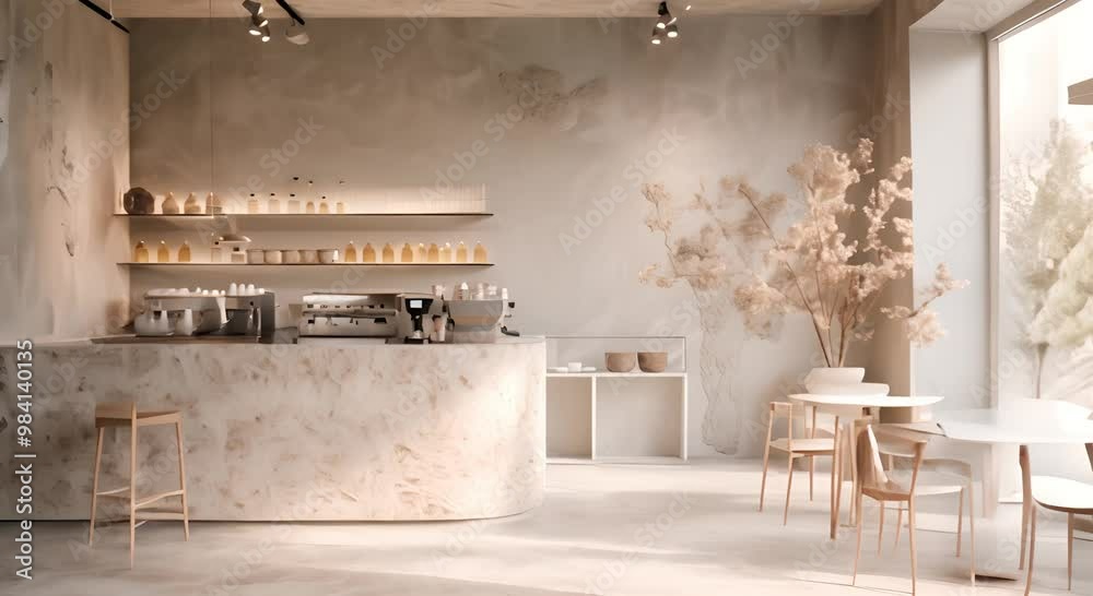 Minimalist Coffee Shop Interior with White Marble Counter and Accents ...