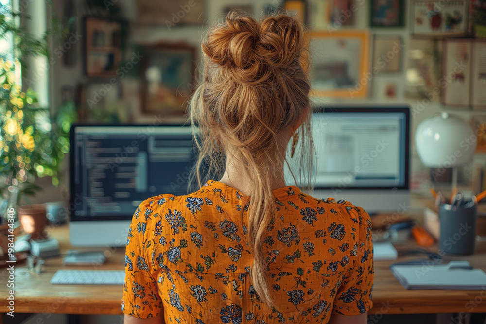 A woman in a retro 1960s mod dress, sitting at a modern office desk ...