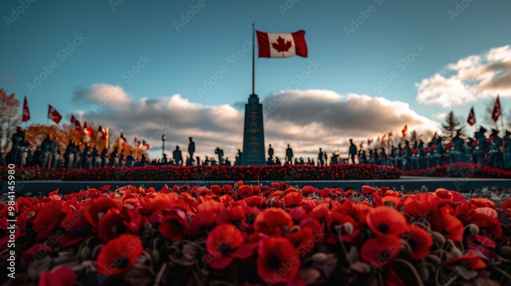 Remembrance Day Monument with Waving Canadian Flag and Poppy Wreaths at ...