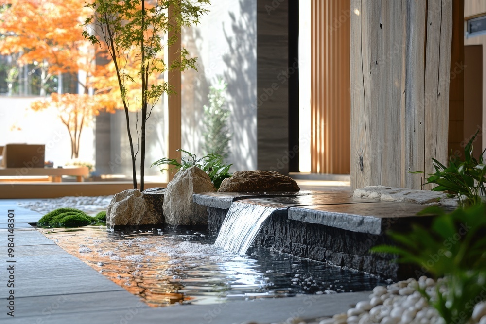 tranquil entryway with water feature and feng shui design using natural ...