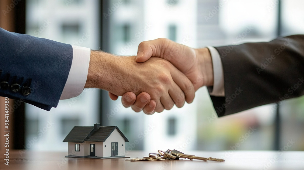 Person signing a real estate contract with a house model and keys on ...