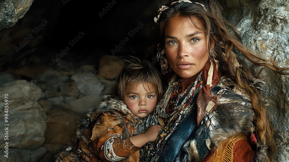 life of primitive people, ancient woman with child in cave, neanderthal ...