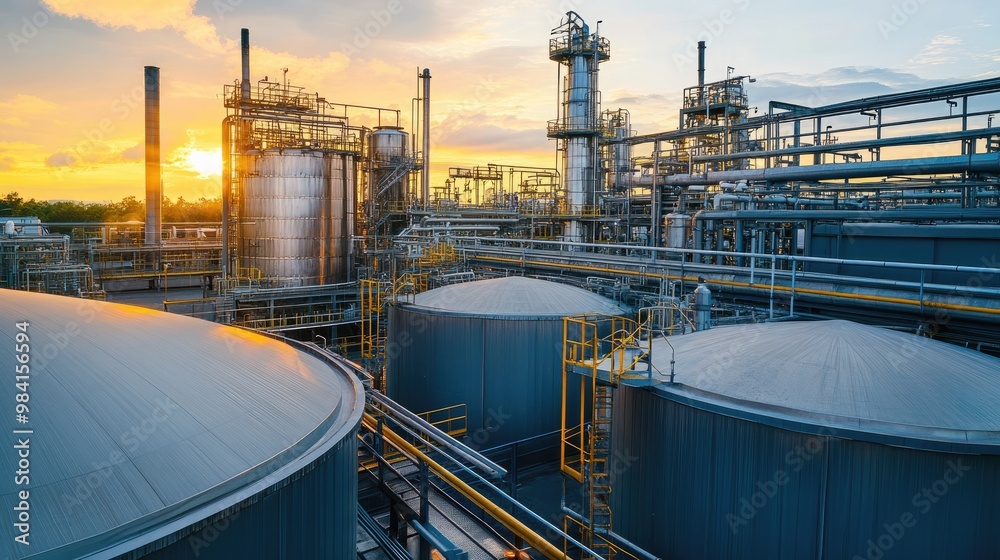 Chemical industry infrastructure with large tanks and piping systems ...