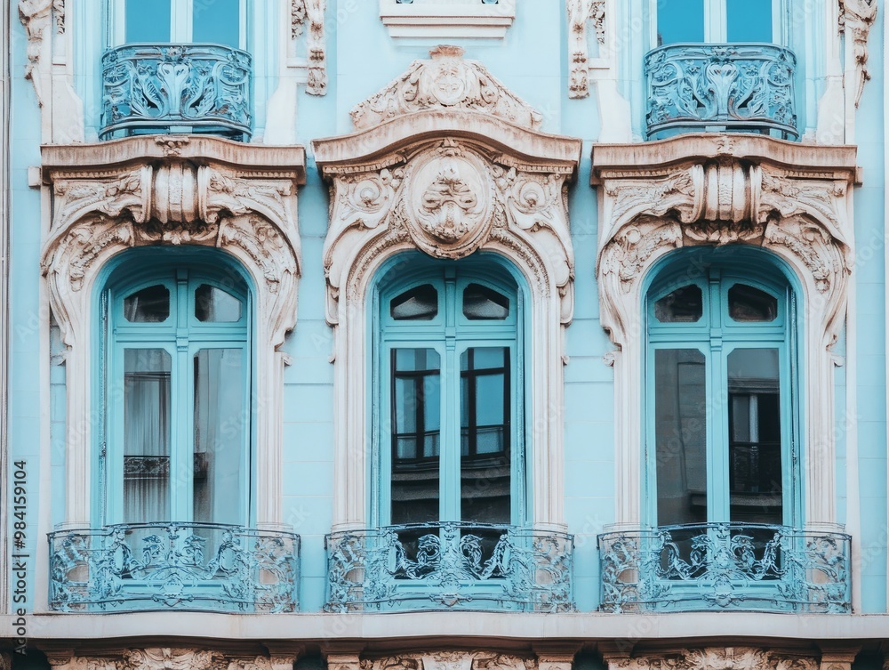 Light blue details on a classic building, with intricate carvings ...