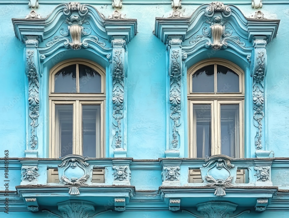 Light blue details on a classic building, with intricate carvings ...