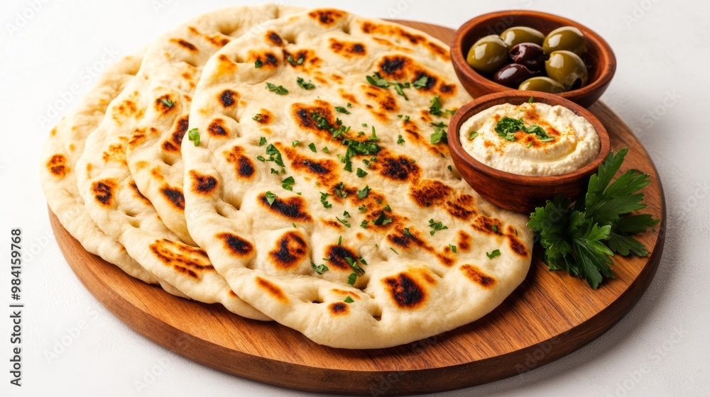 Traditional Arabic flatbread with hummus and olives isolated on a white ...