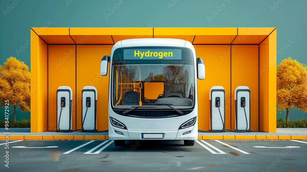 Hydrogen-powered bus refueling at a hydrogen station. Zero-emission bus ...