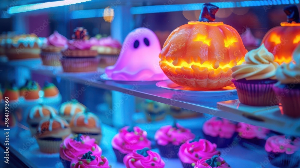Front view of Halloween pastries like glowing ghost pies and neon ...