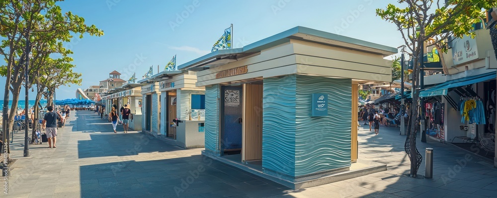 A string of beachfront kiosks along a bustling promenade, each with ...