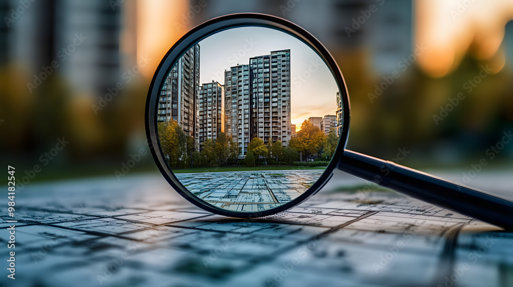 Over a map, a magnifying glass highlights a sleek, modern apartment ...